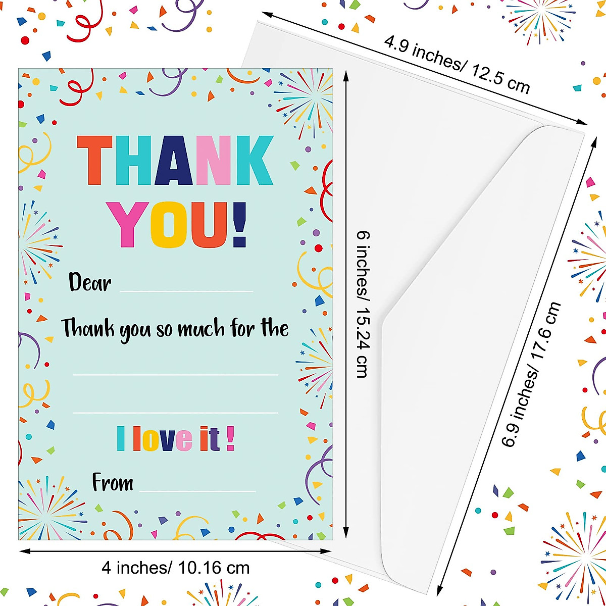 72 Pieces Kids Thank You Cards Fill in the Blank Thank You Notes with Envelopes Colorful Thanks Cards for Birthday Party(Confetti Style)