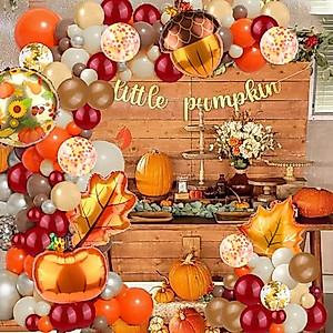 129pcs Fall Confetti Balloons, Huge Pumpkin Maple Pine Leaf Aluminum Foil Balloons Orange Brown Helium Latex Balloons for Birthday, Baby Shower, Thanksgiving, Friendsgiving Party Decorations Supplies