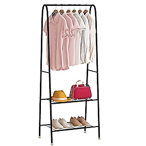 KAREZONINE Clothing Rack, Heavy Duty Clothes Rack Portable Garment Rack with 2-Tier Shelves, Double Rod Metal Coat Rack Freestanding with Bottom Shelves for Shoes Rack Organizer - Black