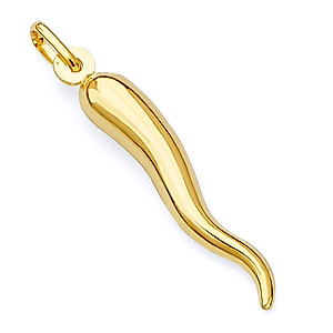 14k REAL Yellow Gold Cornicello Italian Horn Charm Pendant - 30 x 7 mm
