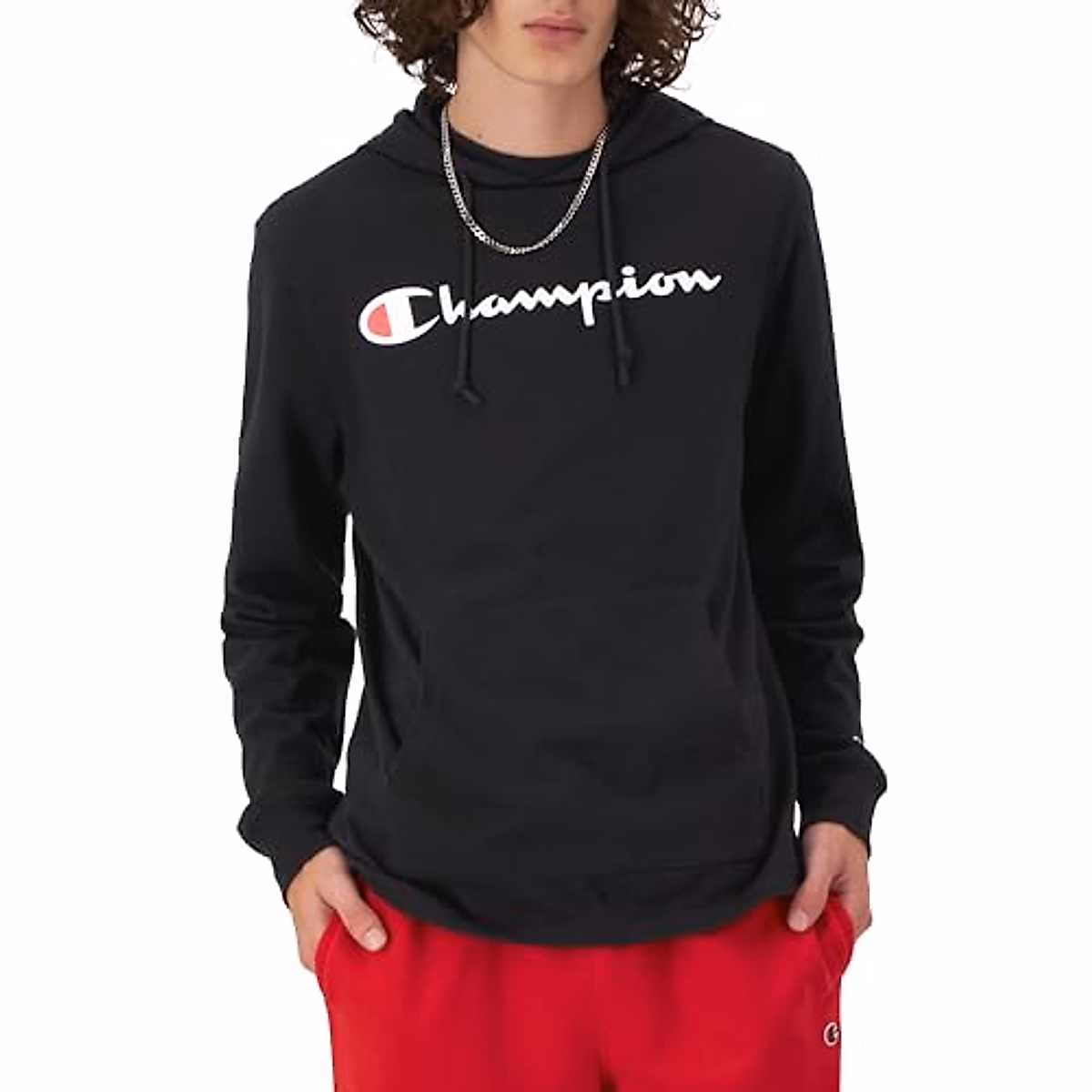 Champion, Midweight, Soft and Comfortable T-Shirt Hoodie for Men, Black Script, Large