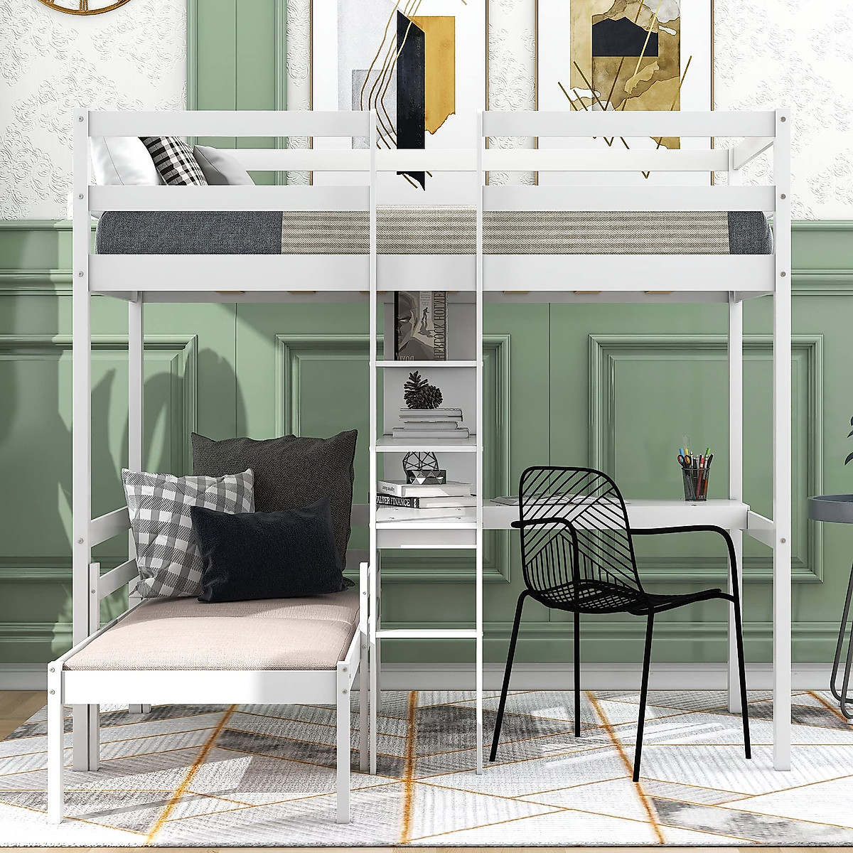 CJLMN Twin Loft Bed with L-Shape Desk, Solid Wood Bed with Storage Shelves, Ladders and Desk for Kids/Teens, Space-Saving Design…