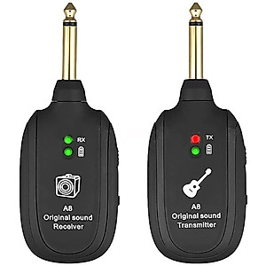 Wireless Guitar System, Wireless Guitar Transmitter and Receiver, 3.7V 600mAh 20Hz-20kHz UHF Built-in Rechargeable Support 4 Channels Transmitter Receiver with Plug for Electric Guitar Bass Organ