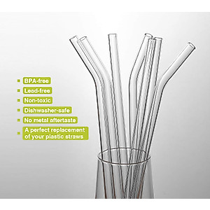 Emica 10"x10mm Long Reusable Glass Straws, Clear Drinking Straws for Smoothie, Milkshakes, Tea, Juice-12 Pack Including 6 Straight and 6 Bent with 2 Cleaning Brush, Perfect for Hot or Cold Drinks