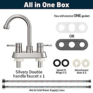 yeulluey 360 Swivel Spout Bathroom Sink Faucet with 2 Water Supply Lines, Brushed Nickel Lead-Free Bathroom Faucets Stainless Steel 4 Inch 2 Handle Centerset Faucet for Bath Basin 2 3 Hole