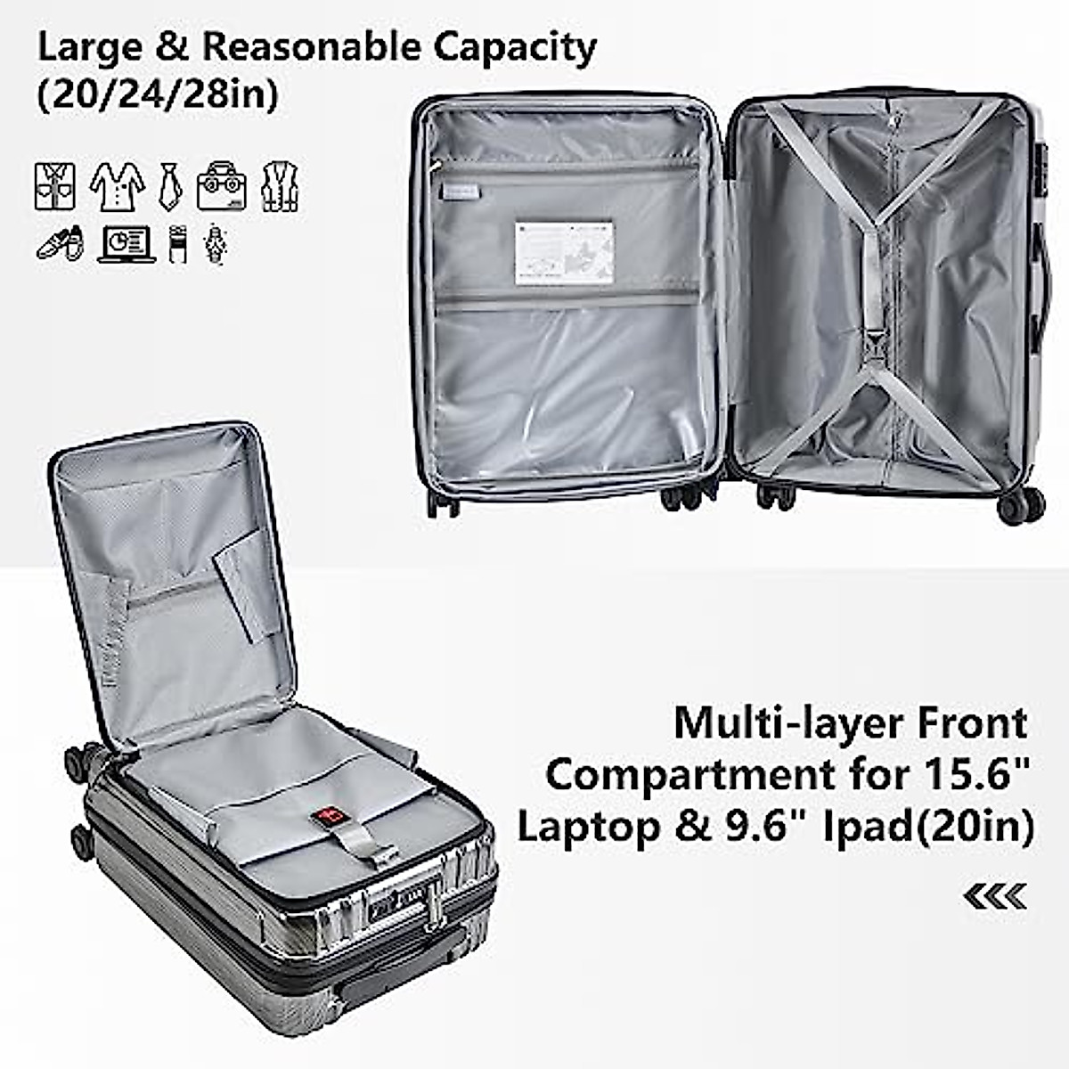 TydeCkare Luggage Set 3 Piece 20/24/28, 20" carry on with Front Pocket & 24/28" with Expandable, ABS+PC Suitcase with 4 Silent Wheels, TSA, YKK, Silver Grey
