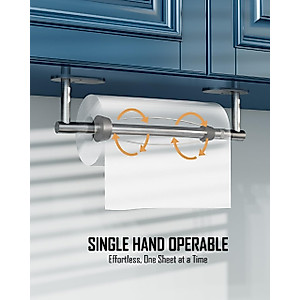 BATHDANCE Paper Towel Holder Under Cabinet, Single Hand Operable Roll Holder with Damping Effect,No Drilling or Wall Mounted SUS304 Stainless Steel for Kitchen Bathroom (Sliver)