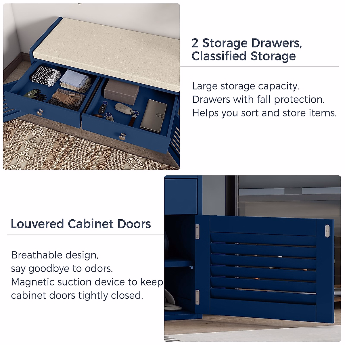 WARMHONIU Shoe Storage Bench with 2 Drawers & 2 Doors, Entryway Bench with Cushion, 2 Adjustable Shelves, Shoe Cabinet with Storage Space for Entryway, Living Room, Hallway, Mudroom, Bedroom, Blue