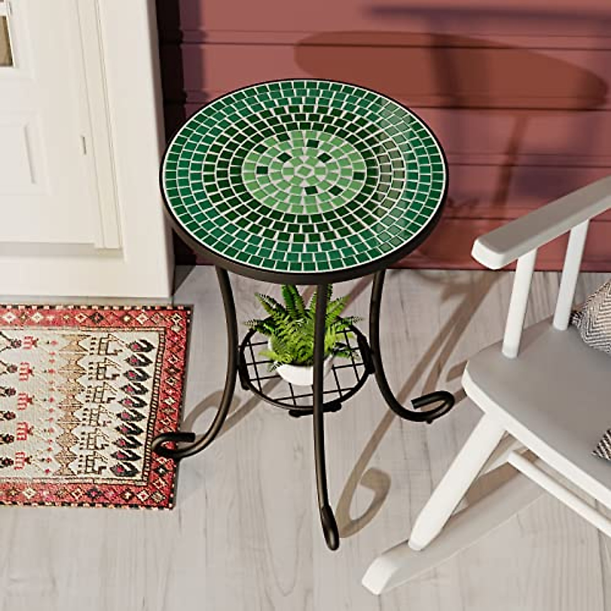 FROMJBEST Mosaic Outdoor Side Table, Patio Side Table, Weather Resistant 14" Diameter 21" H Ceramic Tile Round Outside Table for Patio, Porch, Garden, Pool, Indoor&Outdoor,Plant Stand (Vortex)