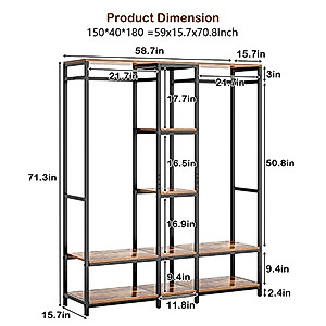 DlandHome Free Standing Closet Organizer, Heavy Duty Garment Rack with Storage Shelves Wardrobe Closet Storage with Shelves with 2 Rods Large Clothing Rack for Hallway, Bedroom