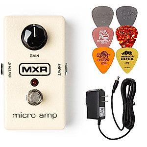 MXR M133 Micro Amp Booster Effects Pedal BUNDLE with AC/DC Adapter Power Supply for 9 Volt DC 1000mA and 6 Assorted Dunlop Guitar Picks �