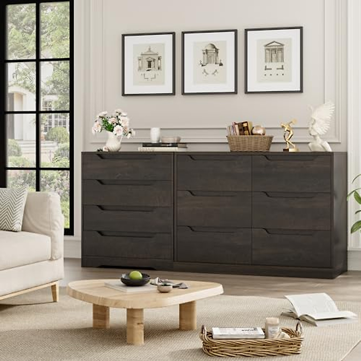 HOSTACK Modern 6 Drawer Dresser for Bedroom, Double Chest of Drawers with Storage, Large Wooden Storage Dresser Organizer with Cut-Out Handle, Accent Storage Cabinet for Living Room, Dark Brown