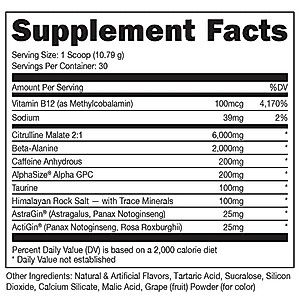 Bucked Up Pre Workout 6 Grams Citrulline, 2 Grams Beta Alanine, and 3 Other Registered trademarked Ingredients (Grape)