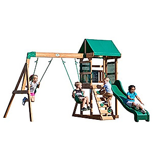 Backyard Discovery Buckley Hill Wooden Swing Set, Made for Small Yards and Younger Children, Two Belt Swings, Covered Mesh Fort with Canopy, Rock Climber Wall, 6 ft Slide Green