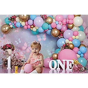 First Birthday Backdrop for Girl Pink Purple Balloon Backdrops for Photography Cake Smash Background for Baby Girl Flowers Butterfly Kids1st Birthday Banner Decorations 7x5ft