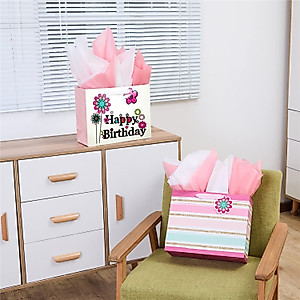 SUNCOLOR 13" Large Gift Bags for Birthday Party with Tissue Paper(2 Pack, Flower with Happy Birthday)