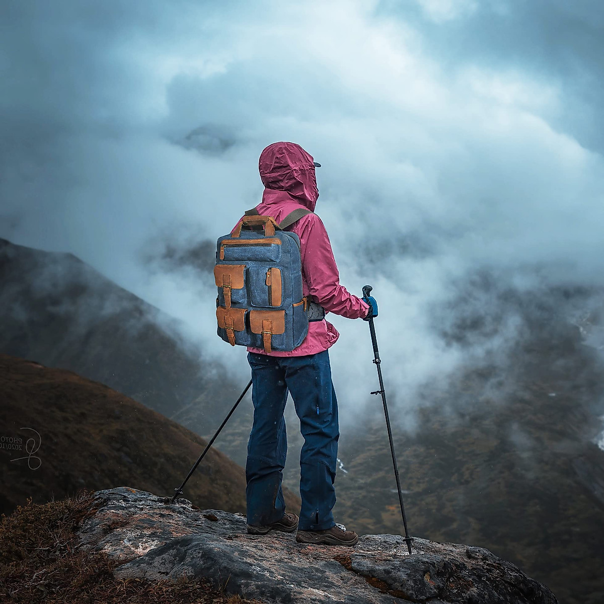 Handadsume Water Resistant Canvas + Leather Large Travel Backpack Rucksack Knapsack Laptop School Bag For Men FB1170 (The Blue)