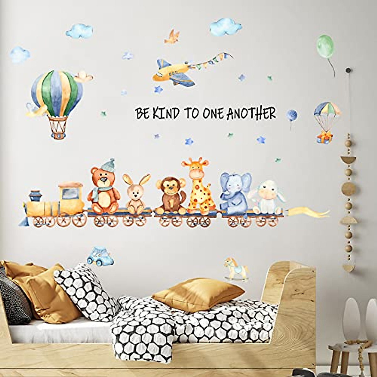 Yovkky Baby Train Animals Elephant Giraffe Monkey Wall Decals, Peel Stick Hot Air Balloon Aircraft Rabbit Bear Stickers Nursery Decor, Home Kids Room Decoration Boy Girl Bedroom Playroom Art Gifts