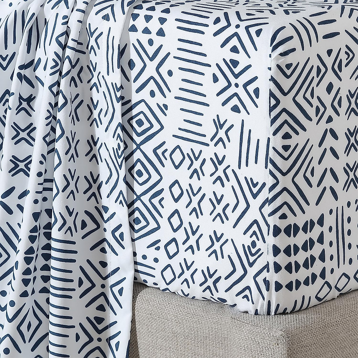 Indigo Ink - Full Size Sheet Set, 4-Piece Boho Geometric Patterned Bedding, Soft & Wrinkle Resistant (White Denim Collection, Navy Blue)