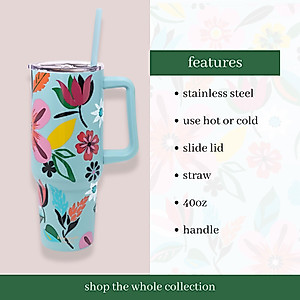 kate spade new york 40 Ounce Tumbler with Handle and Straw, Double Wall Stainless Steel Insulated Cup, Cupholder Friendly 40 oz Cup, Metal Drinking Cup for Hot or Cold Drinks (Safari Floral)