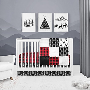 JLIKA Crib Bedding Sets for Boys - 3 Piece Woodland Set for Baby boy Rustic Nursery Decor | Quilt Blanket, Crib Sheet, Skirt - Deer Antler, Arrow Buffalo Plaid (Woodland Deer) (Red Buffalo Plaid)