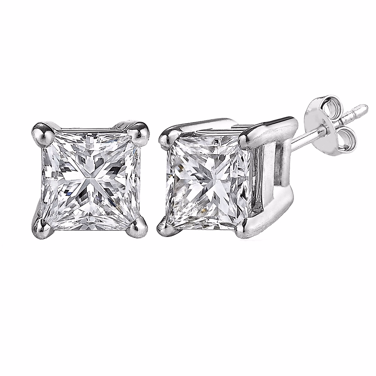 14k White Gold Princess Cut White Cubic Zirconia Stud Earrings, 5mm