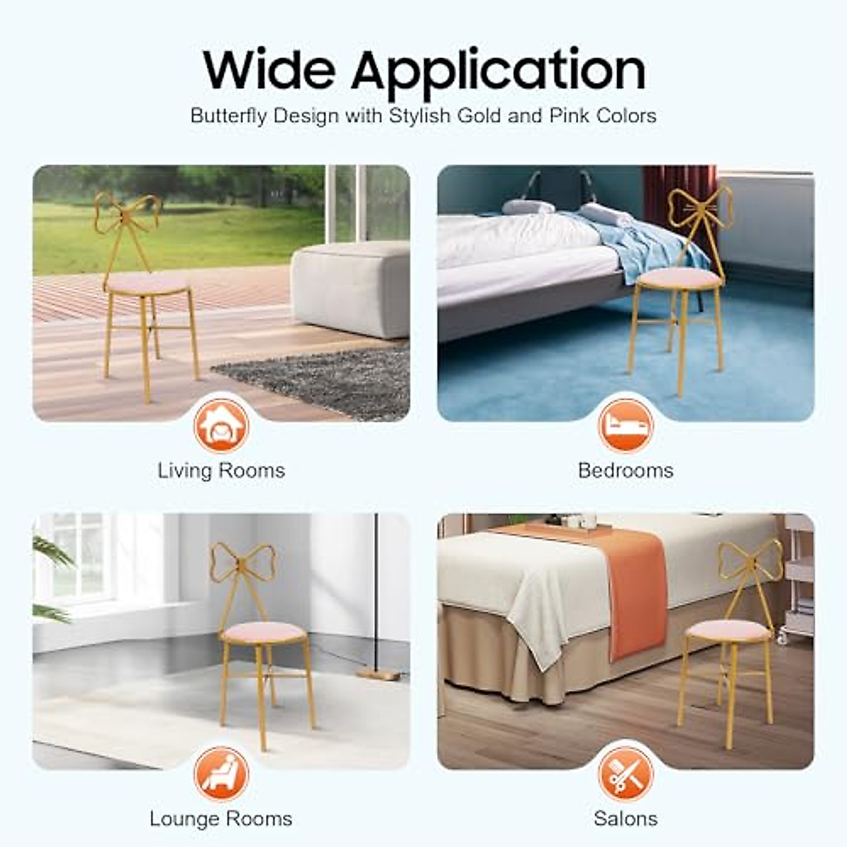 Pink Butterfly Dressing Chair Makeup Chair, Velvet Cushion Deep Gold Metal Frame Chair Lounge Dresser Chair with Bow Backrest and Velvet Cushion Used for Bedroom Home Garden Living Room(Light Pink)