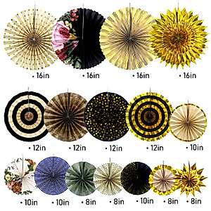 ADLKGG Party Hanging Paper Fans Set, Black Gold Round Pattern Paper Garlands Decoration for Birthday Wedding Bridal shower Graduation Events Accessories, Set of 16
