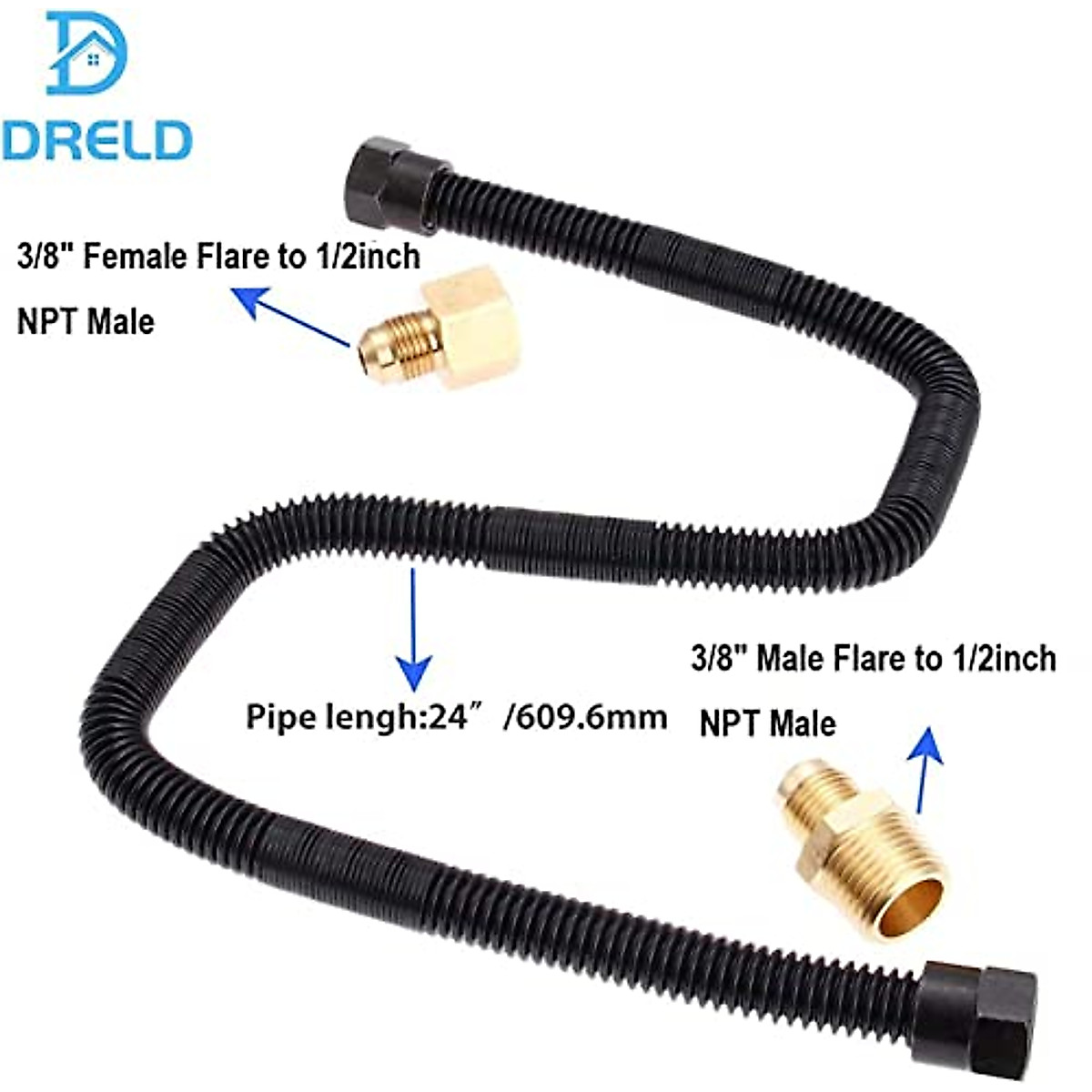 1/2" OD x 3/8" ID 24" Non-Whistle Flexible Flex Gas Line Connector Kit for NG or LP Fire Pit and Fireplace Hose - 1/2" Male Flare x 1/2" Male NPT Fitting End