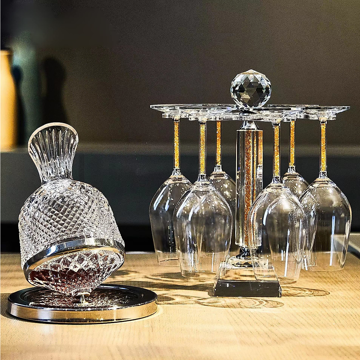 Elegant Desktop Crystal Glass Stemware Rack/Rotate 8 Wine Glass Storage Holder Stand Air Drying Rack (Gold)