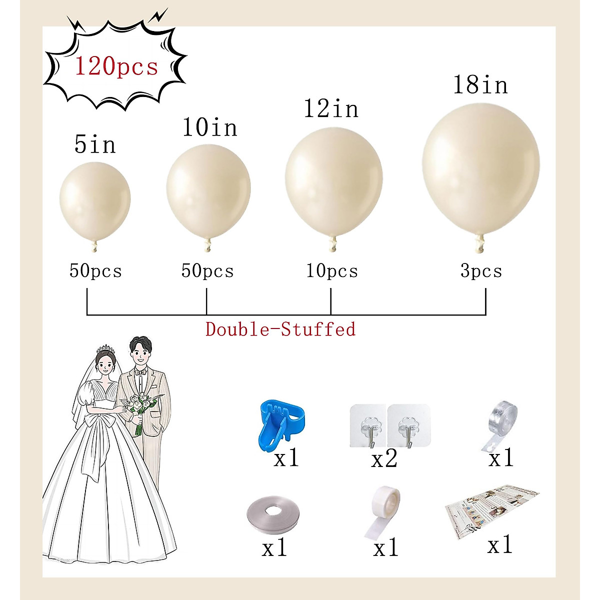 Woaipati 120PCS Pearl White Double-Stuffed Balloons different sizes 18/12/10/5 inch Pearl Balloon Garland Kit for Wedding Women's Birthday Baby Shower Anniversary Party Decorations