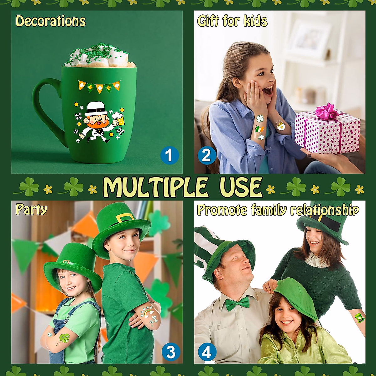 Partywind 200 Styles (10 Sheets) Glow St Patrick's Day Kids Temporary Tattoos, Saint Patricks Day Decorations Party Supplies Favors, Irish Tattoo Stickers with Shamrock for Kids