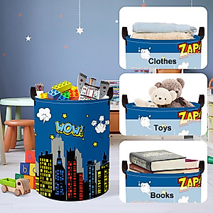 Clastyle 45L Large Blue City Hero Skyline Kid Laundry Hamper with Handle Comic Hero Building Silhouettes Clothes Toy Boys Basket with Lid for Nursery