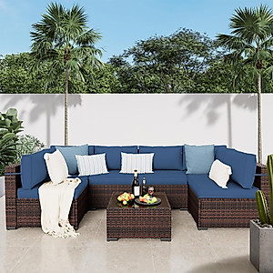 Amopatio Patio Furniture Set 7 Pieces Patio Conversation Set Outdoor Sectional Wicker Rattan Sofa with All-Weather Cover, Patio Furniture with Pillows Fits Porch Garden Backyard Balcony (Navy)