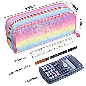 BETURETOP Glitter Rainbow Pencil Case for Girls, Large Capacity Pencil Pouch Pen Bag Organizer with 3 Compartments for Kids Students School Office Supplies Back to School Gifts