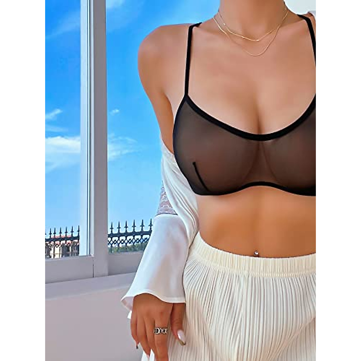 SOLY HUX Women's Mesh Solid Sheer See Through Lingerie Set Sexy Lace Bra and Panty 2 Piece