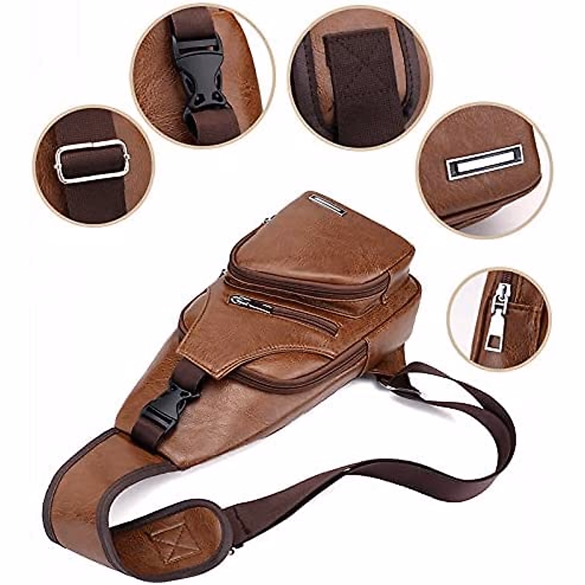 Men's Leather Sling Bag Multipurpose Daypack Shoulder Chest Crossbody Bag Black with USB Charging Port (Brown)