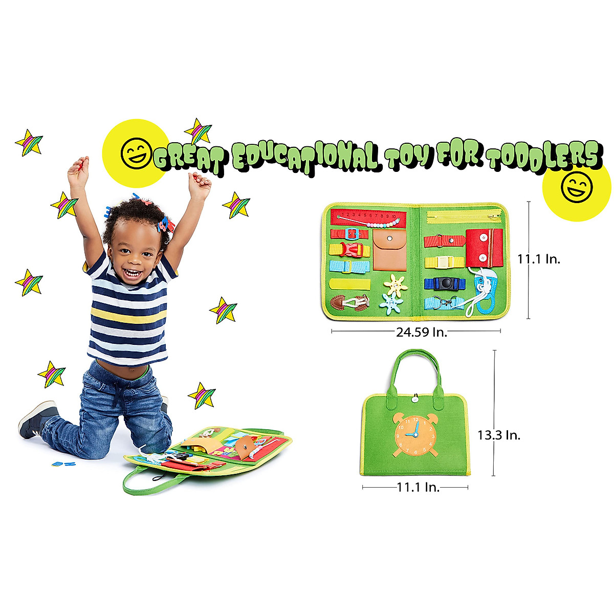 SoEm Busy Board Montessori toy Sensory Educational toy for 1 2 3 4 5 6 years Activity book for basic dress skills and fine motor for Travel plane and car, 16 activities in 1 Gifts for Girls and Boys