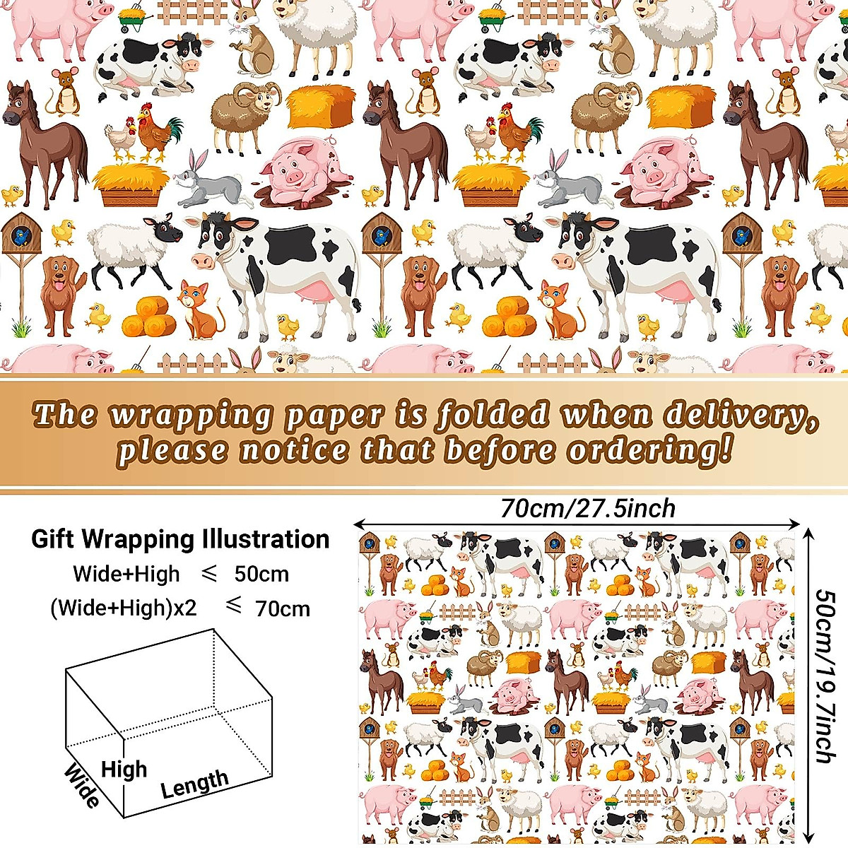 Bolsome 12 Sheets Red Barn Farm Animal Wrapping Paper Barnyard Gift Wrap Folded Wrapping Paper with Cow, Horse, Sheep, Goat, Pig, Duck, Chicken Pattern(20 inch x 28 inch sheet)