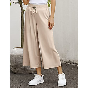 GlorySunshine Womens Linen Wide Leg Pants Elastic Waist Solid Palazzo Casual Loose Drawstring Trousers with Pockets New-Apricot L