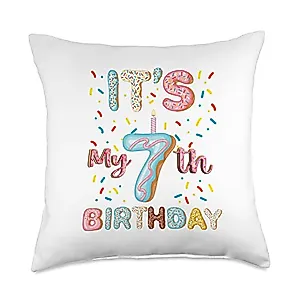 Donut Birthday Party Theme Gifts Decorations Birthday 7 yr Old Girl Donut Party Theme Shirt Throw Pillow, 18x18, Multicolor