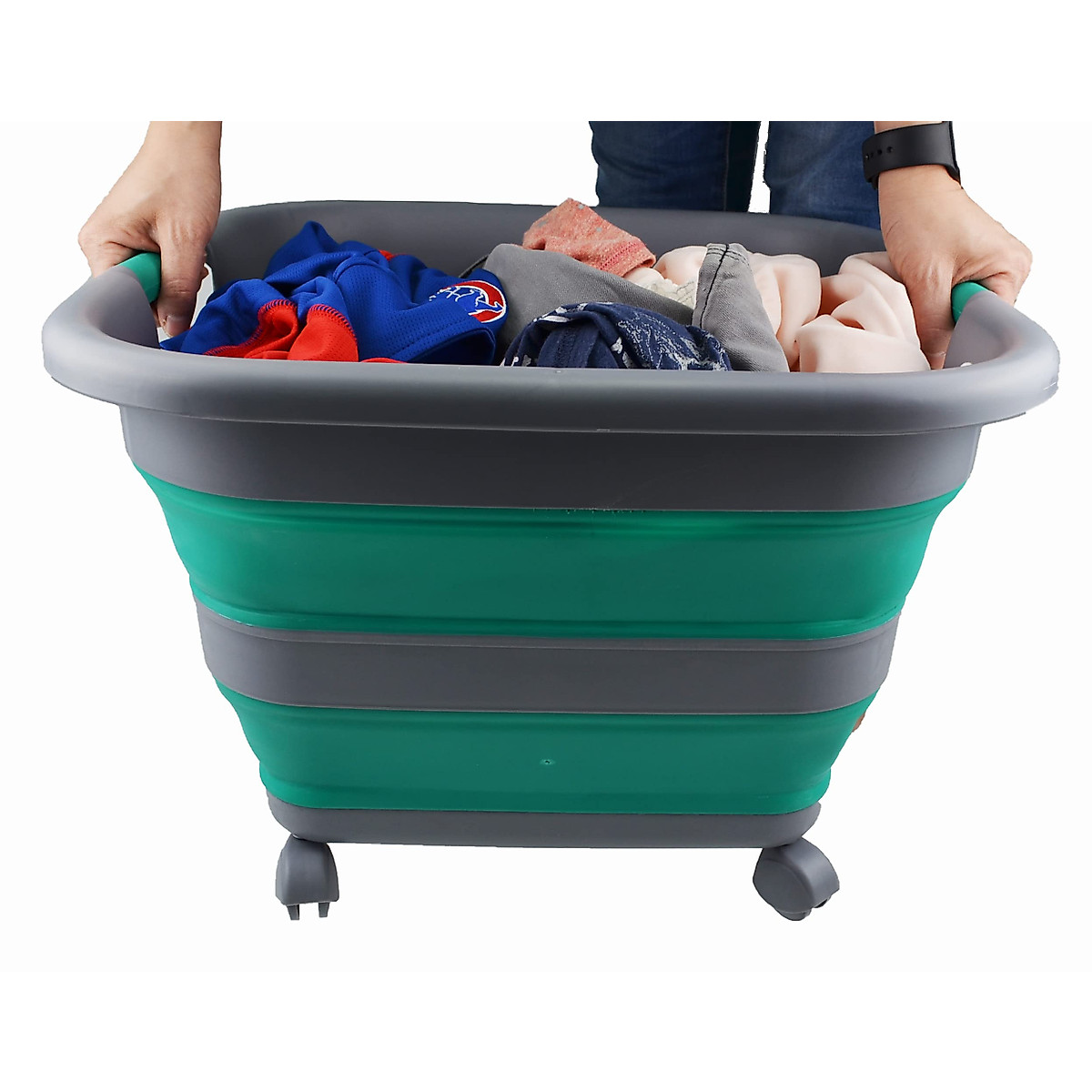 SAMMART Collapsible Plastic Laundry Basket with Wheels 39L (10.3 Gallons) -Foldable Pop Up Storage Container for Laundry, Camping & Home (1, Dark Grey/Bluish-Green)