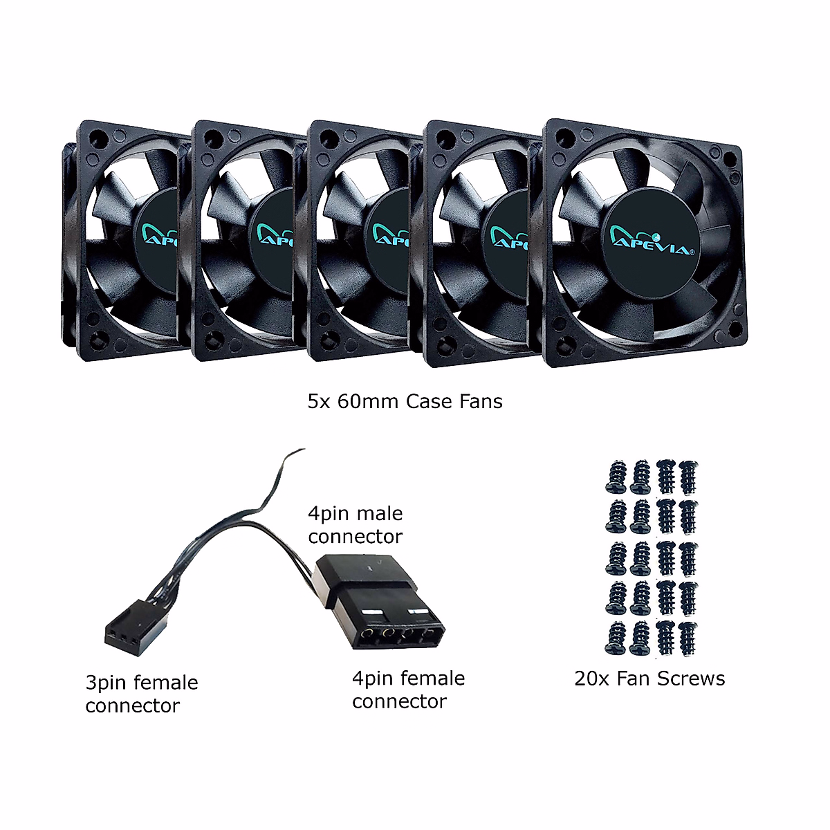 Apevia CF6025S-5 (5 Pk) 60mm x 60mm x 25mm Black Case Fan W/4PIN Molex + 3PIN Motherboard Adapter