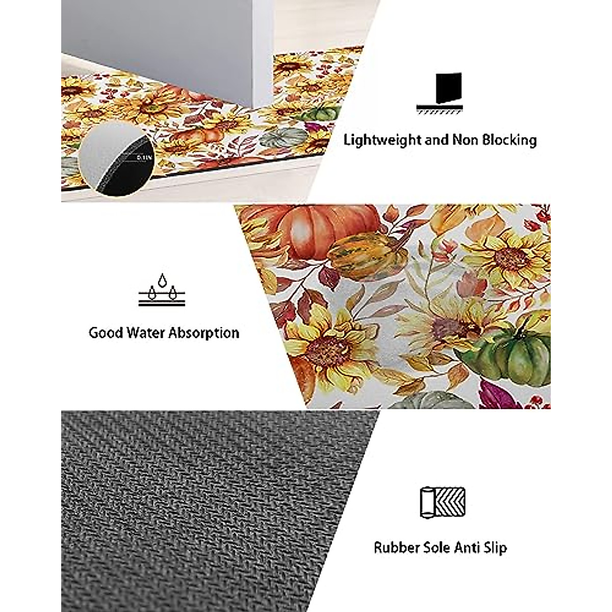 Bathroom Floor Shower Mat, Non-Slip Small Rugs - Easy to Clean, Thanksgiving Pumpkin Sunflower Fall Durable Bath Rug 24"x36" Washable Quick Dry Diatomaceous Earth Mats for Bathtubs