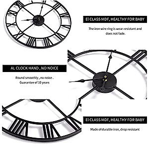 Large Wall Clock Metal Retro Roman Numeral Clock, Modern Round Clocks Almost Silent, Easy to Read for Living Room/Home/Kitchen/Bedroom/Office/School Decor (Black, 16 Inch)