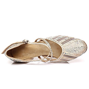 HROYL Women Closed Toe Ballroom Dance Shoes Low Heel Rhinestones Latin Salsa Modern Performance Practice Dancing Shoes YCL403-4.5 Beige, 9.5 B(M) US