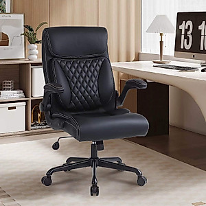 Executive Office Chair, Ergonomic Home Office Desk Chairs, PU Leather Computer Chair with Lumbar Support, Flip-up Armrests and Adjustable Height, Youchauchair High Back Work Chair, Black