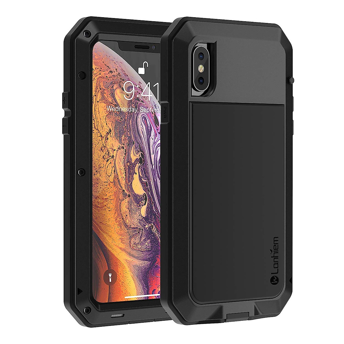 Lanhiem iPhone Xs Max Metal Case, Heavy Duty Shockproof [Tough Armour] Rugged Case with Built-in Glass Screen Protector, 360 Full Body Protective Cover for iPhone Xs Max (6.5" 2018) -Black