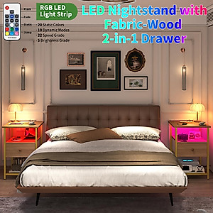 HDDDZSW LED Nightstands Set of 2 with Charging Station, Bedside Tables with USB Ports and Outlets, End Table with Fabric-Wood 2-in-1 Drawer for Small Spaces, Log-Color Side Table for Bedroom, Office