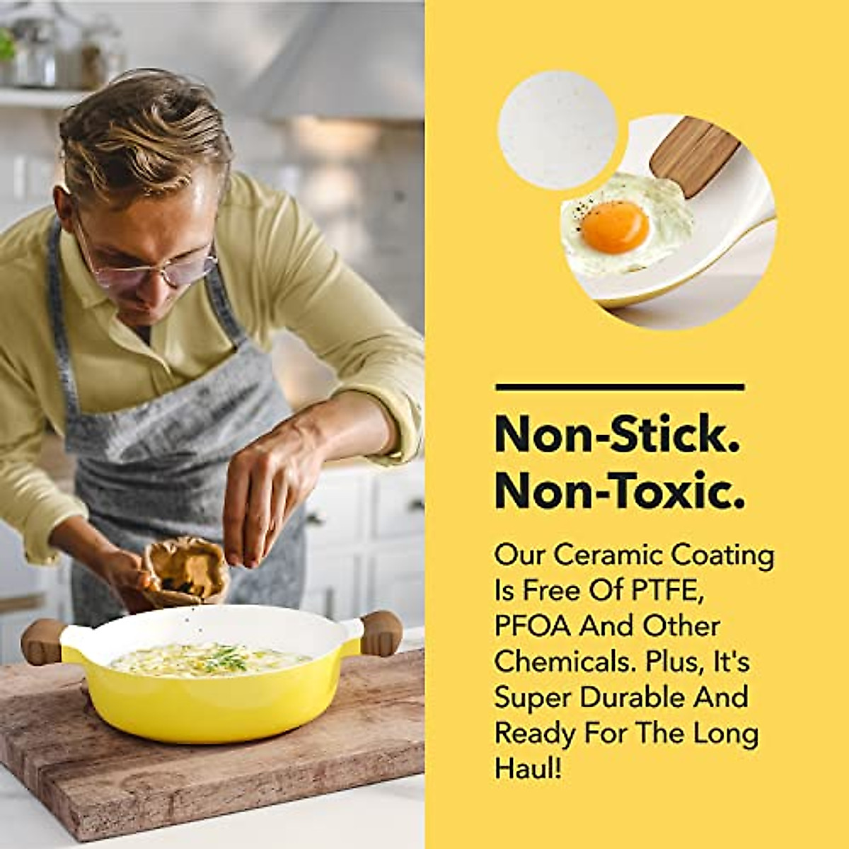 Vremi 8 Piece Ceramic Nonstick Cookware Set - Induction Stovetop Compatible DIshwasher Safe Non Stick Pots with Lids and Frying Pans - Dutch Oven Pot Fry Pan Sets for Serving - PTFE PFOA Free - Yellow